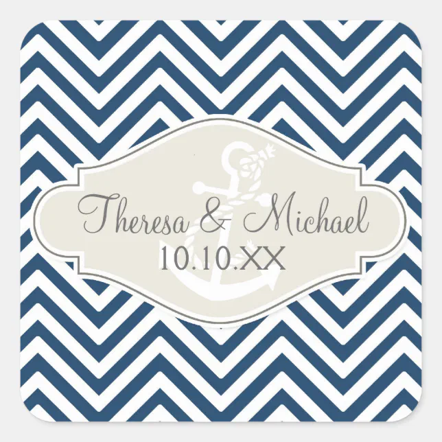 Preppy Chevron Stripe Modern Nautical Anchor Square Sticker | Zazzle