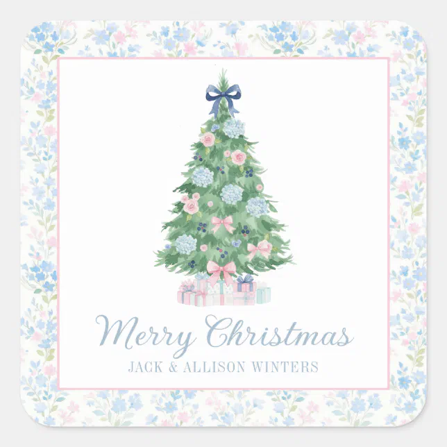Preppy Grandmillennial Christmas Tree Square Sticker | Zazzle