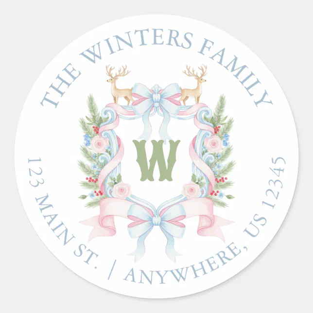 Preppy Grandmillennial Monogram Crest Address Classic Round Sticker ...