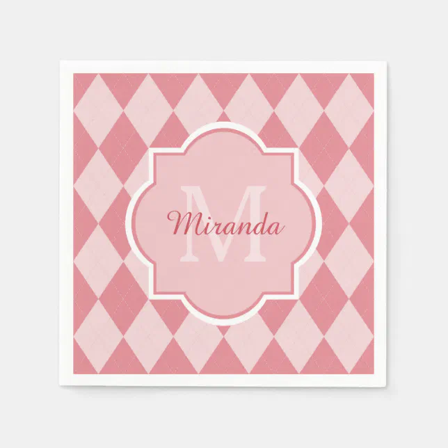 Preppy Light Pink Argyle Girly Monogram Party Name Napkin | Zazzle