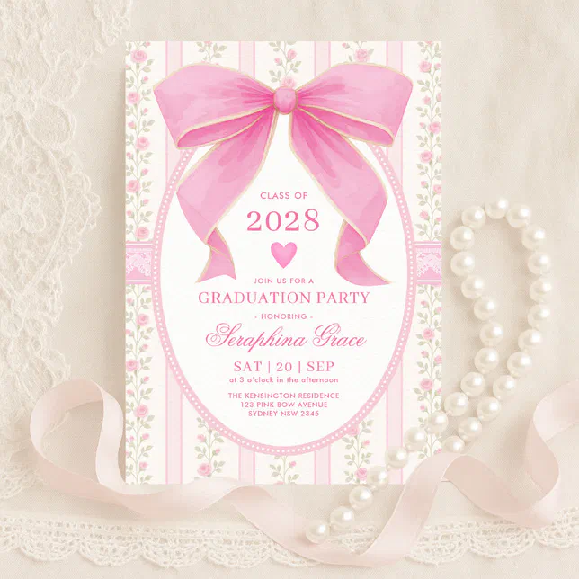Preppy Pink Bow Cottagecore Graduation Party Invitation | Zazzle