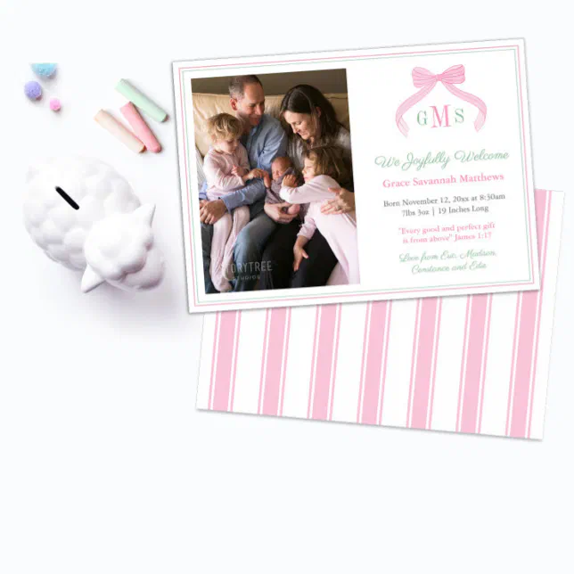 Preppy Pink Green Monogram Welcome Baby Girl Photo Announcement | Zazzle