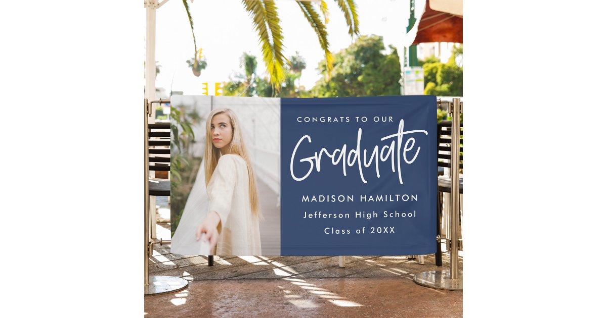 Preppy Script Navy Photo Graduation Banner | Zazzle
