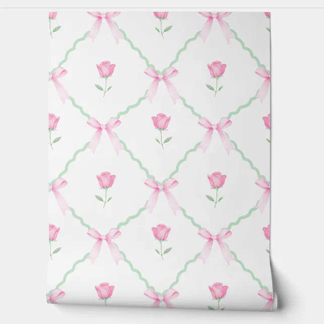 Preppy Tulip Pink Bows Scallop Grandmillennial Wallpaper | Zazzle