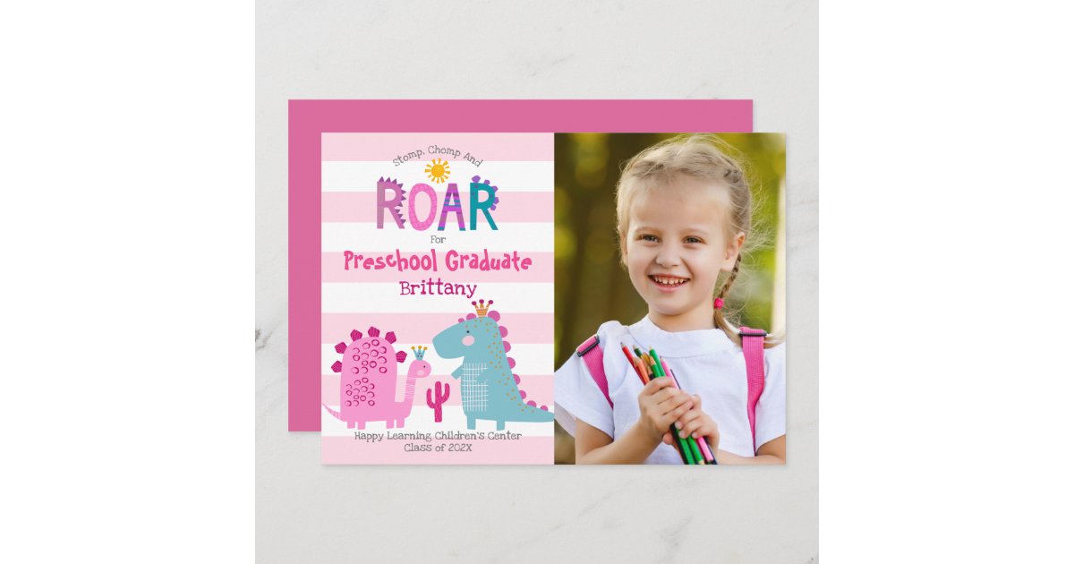 Preschool Graduation Photo Dinosaurs Girl Cute Fun Invitation | Zazzle