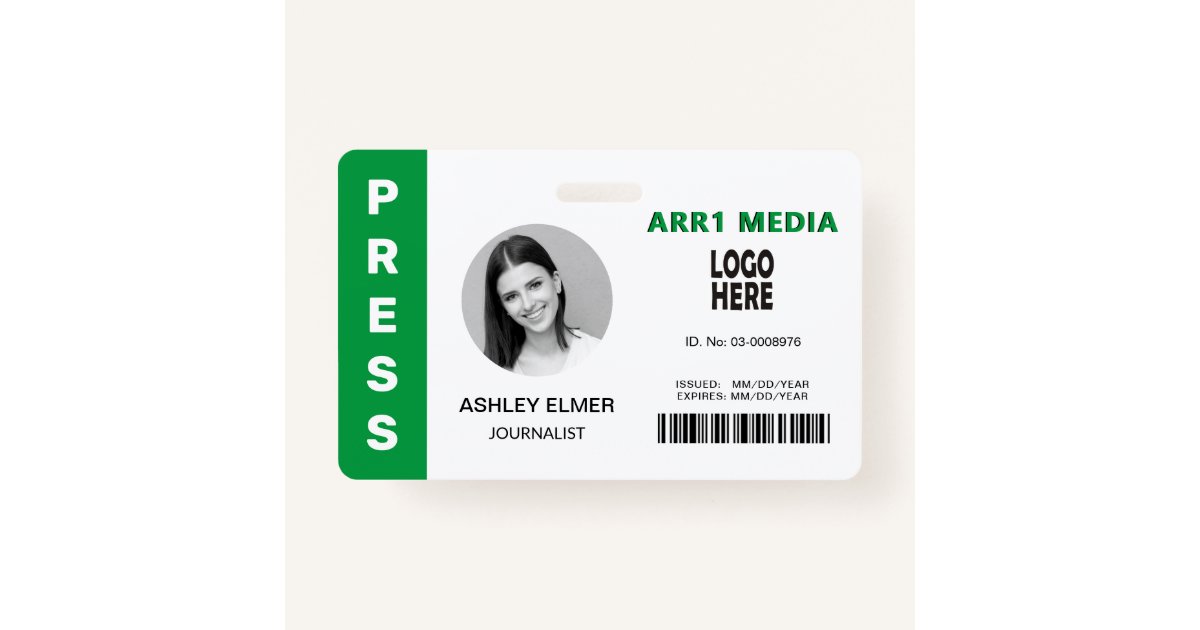 Press employee ID green photo template ID Badge | Zazzle