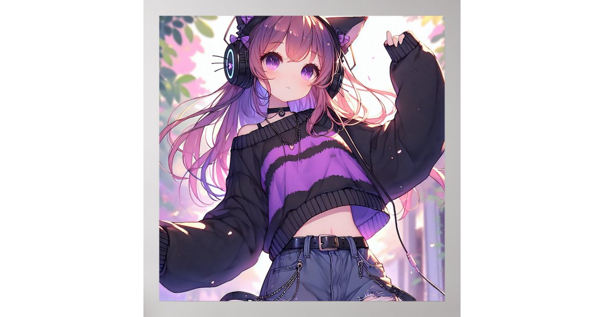 Pretty Anime Girl in Headphones with Cat Ears Poster | Zazzle