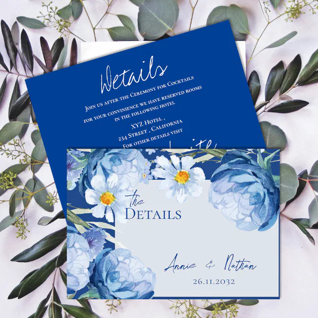 Pretty Blue Flowers Trendy Floral Wedding Details Enclosure Card | Zazzle