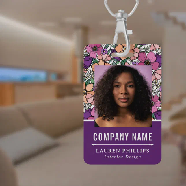 Pretty Peach & Purple Floral Pattern Business ID Badge | Zazzle