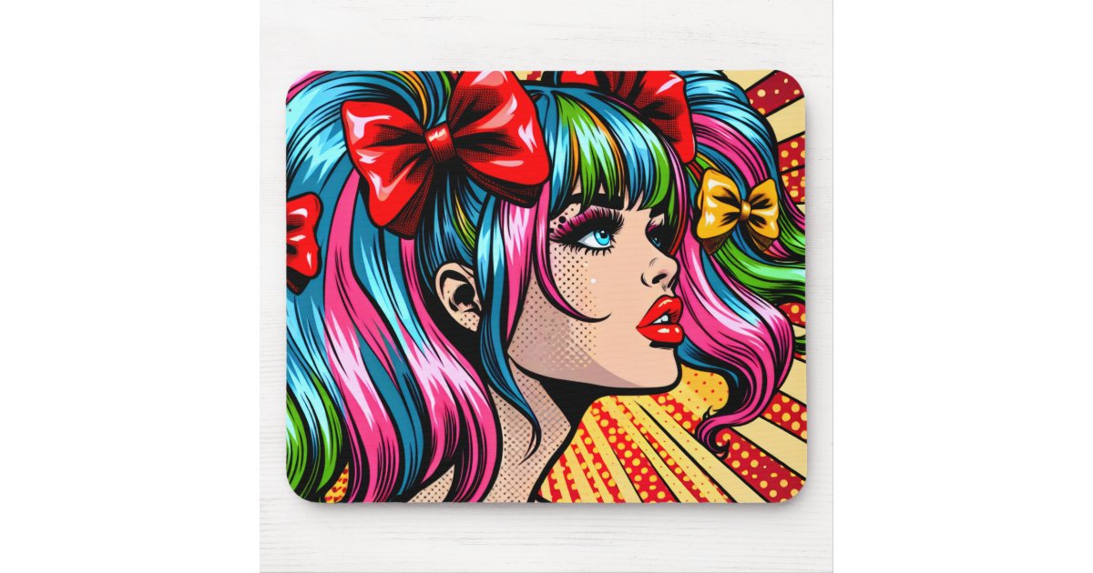 Pretty Pop Art Comic Girl Colourful Ai Art Mouse Mat | Zazzle