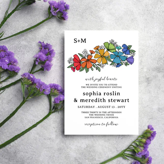 Pride Rainbow Flowers Monogram LGBT Wedding Invitation | Zazzle
