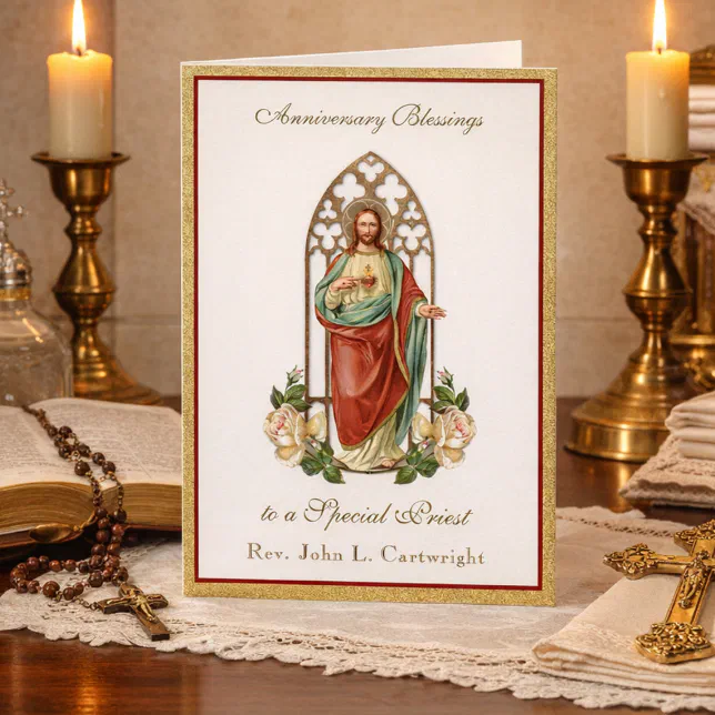 Priest Anniversary Ordination Sacred Heart Jesus Card | Zazzle