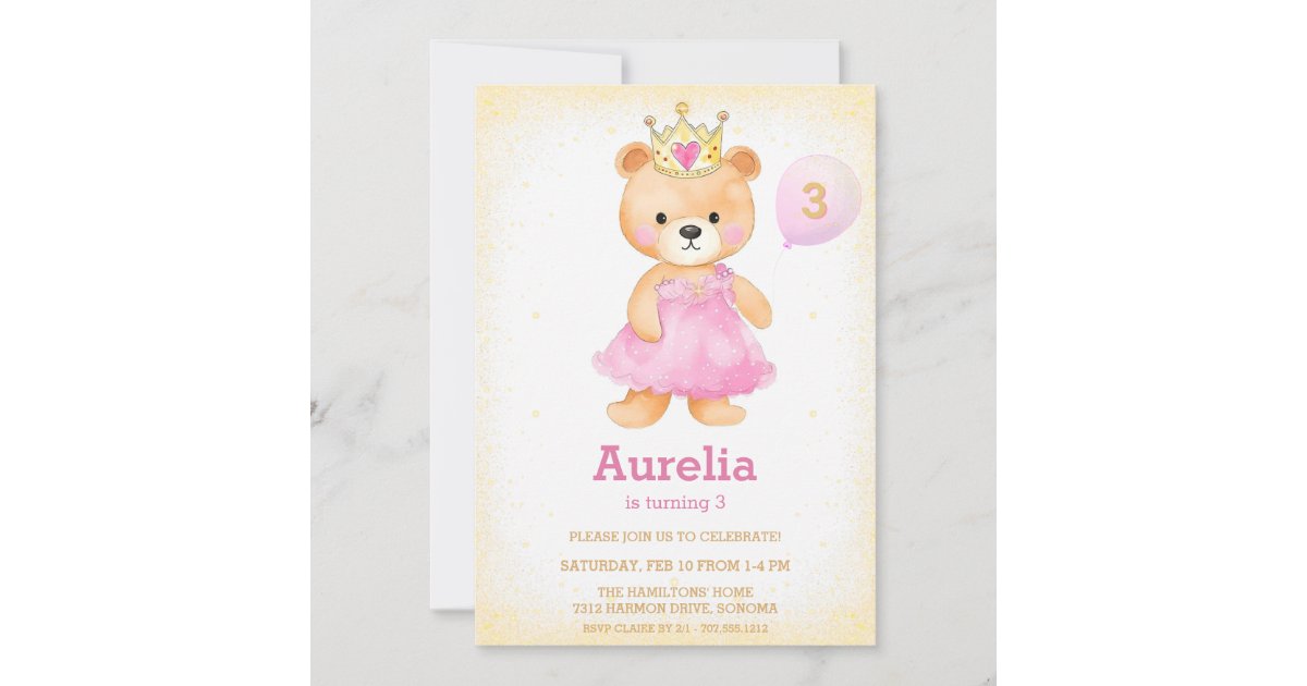 Princess bear pink girl birthday Invitation | Zazzle
