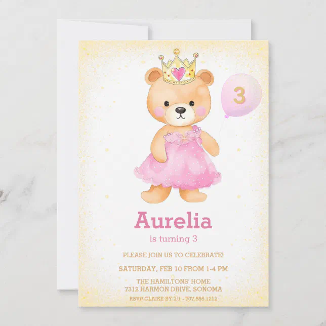 Princess bear pink girl birthday Invitation | Zazzle