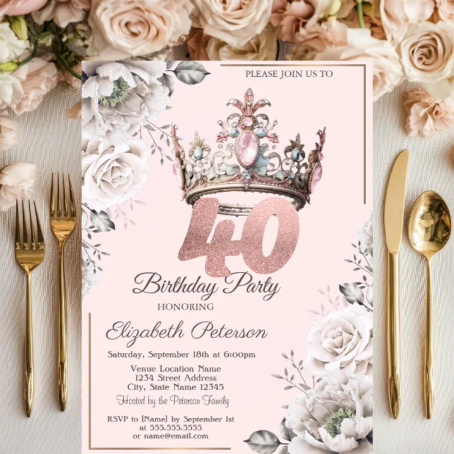 Princess Crown Floral 40th Birthday Party Invitation | Zazzle