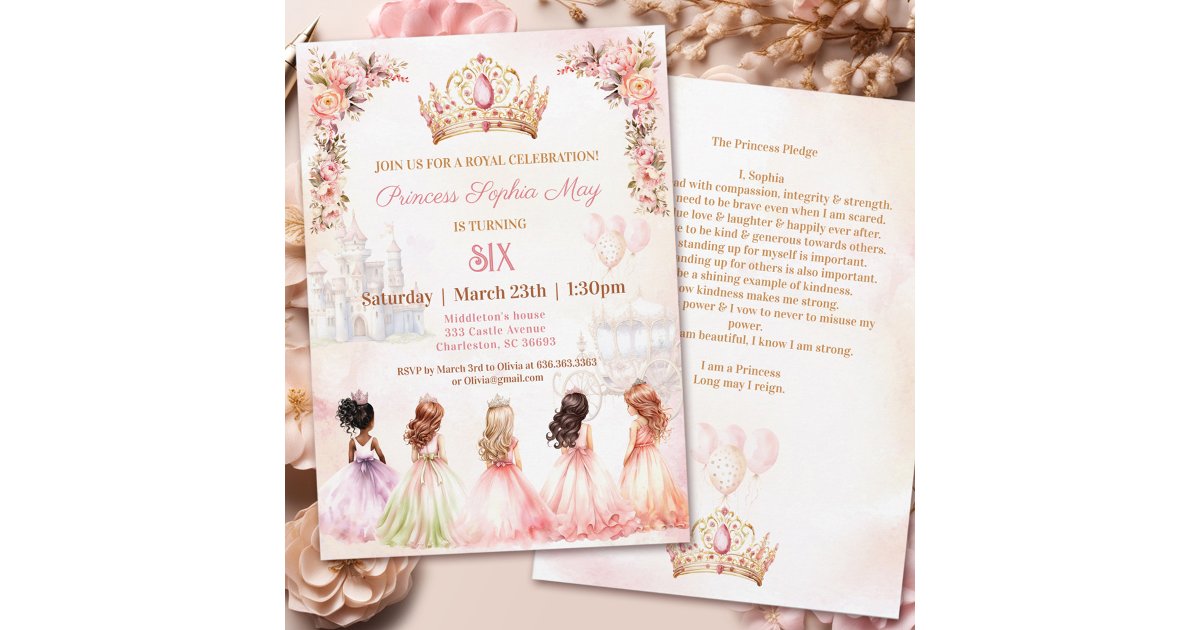 Princess Pledge Crown Pink Floral Girl Birthday Invitation | Zazzle