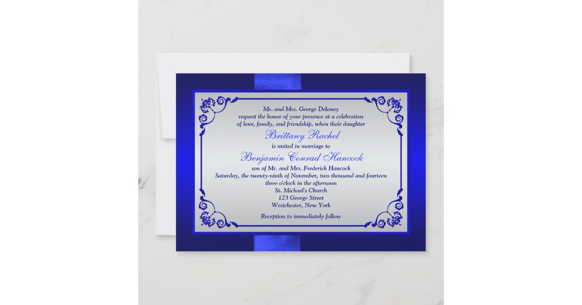 PRINTED RIBBON Blue, Silver Floral Wedding Invite | Zazzle