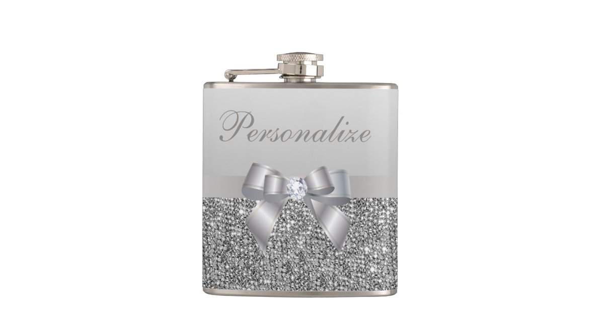 Printed Silver Sequins, Bow & Diamond ImageElegant Hip Flask | Zazzle