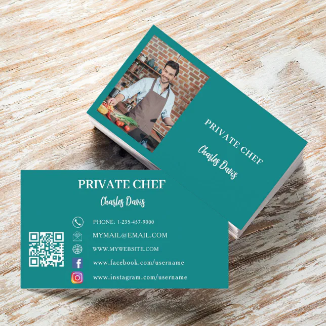 Private chef teal green photo catering QR code Business Card | Zazzle