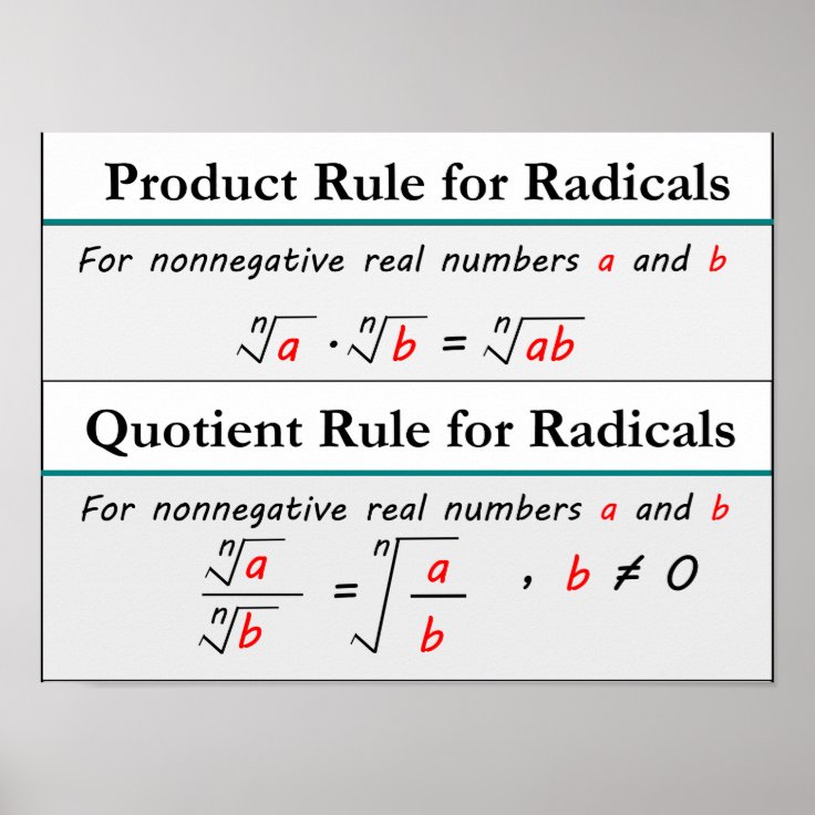 Product and Quotient Rules for Radicals Poster | Zazzle