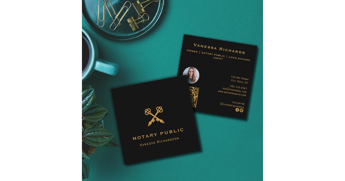 Professional Black & Gold Crossed Pens QR Code Square Business Card ...
