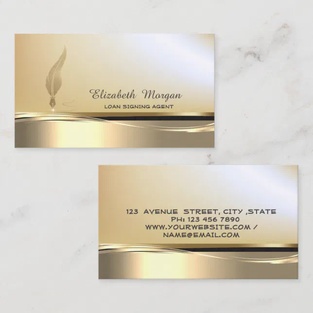 Professional Gold Glitter Feather Stripe Notary Business Card | Zazzle