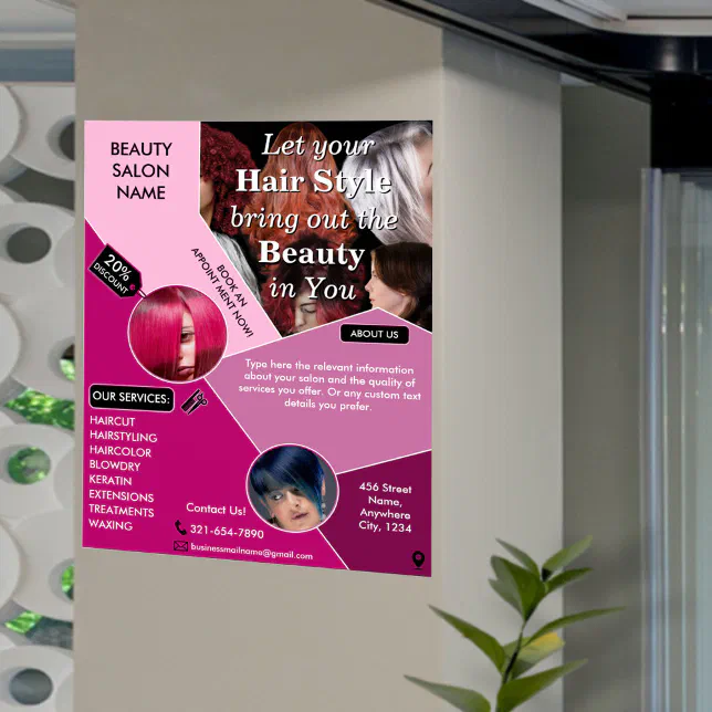Professional Hair Salon Services Add Photos Pink Poster | Zazzle