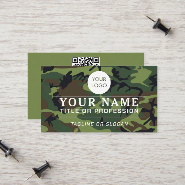 Professional Logo Name QR Code Military Green Camo Calling Card | Zazzle