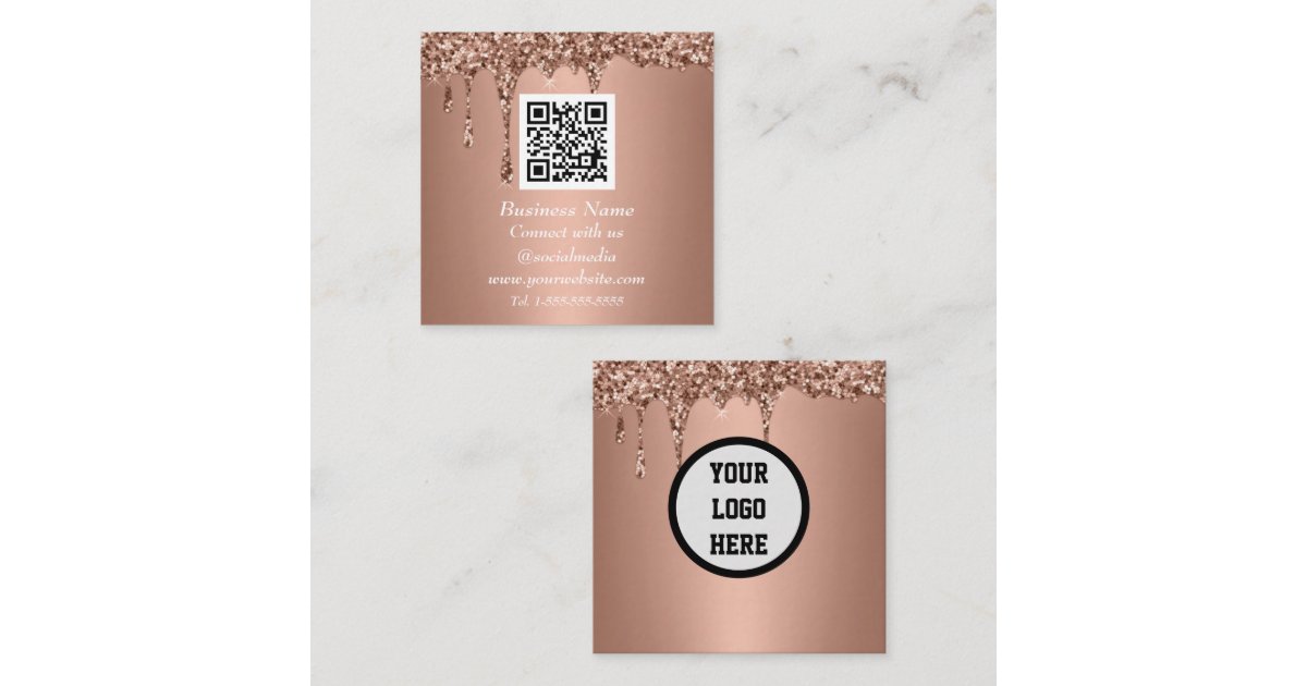Professional QR Code Pink Rose Gold Glitter Square Business Card | Zazzle