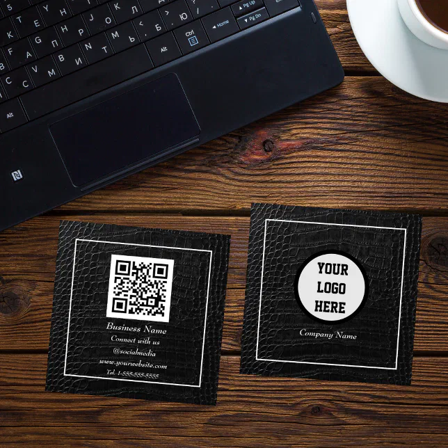 Professional QR Code Scannable Black Leather Square Business Card | Zazzle