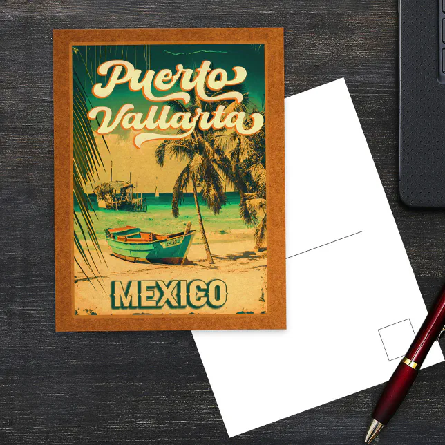 Puerto Vallarta Palm Tree Retro 80s Mexican Playa Postcard | Zazzle