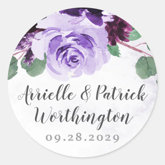 Purple and Silver Airy Floral Vintage Wedding Classic Round Sticker ...