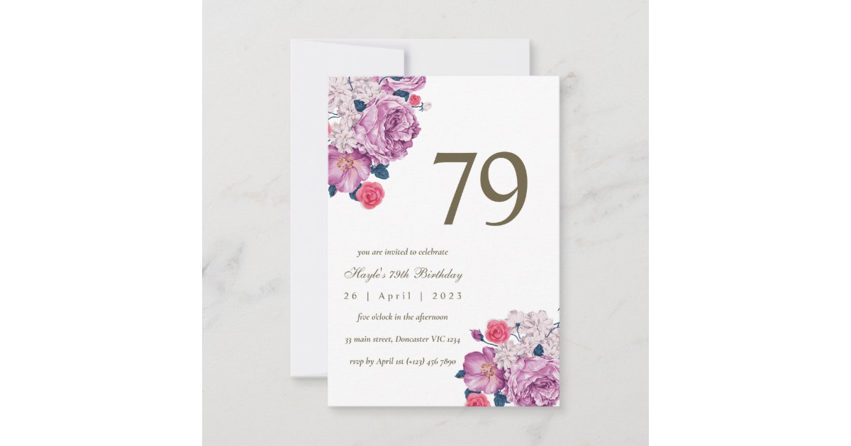 Purple Floral Botanical Simple Chic 79th Birthday Invitation | Zazzle