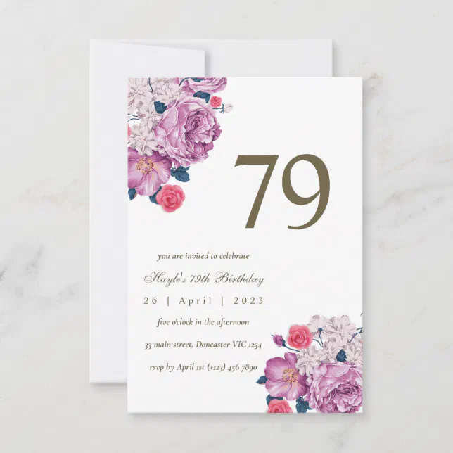 Purple Floral Botanical Simple Chic 79th Birthday Invitation | Zazzle