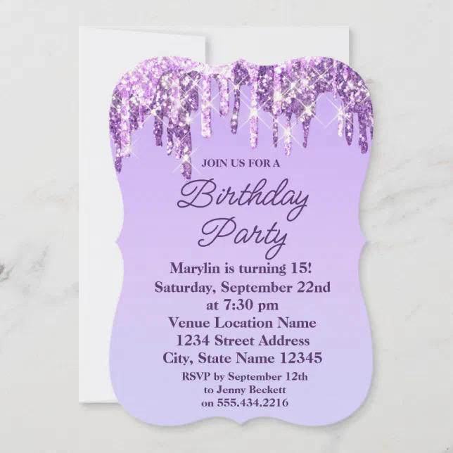 PURPLE GLITTER DRIP ELEGANT BIRTHDAY INVITATION | Zazzle