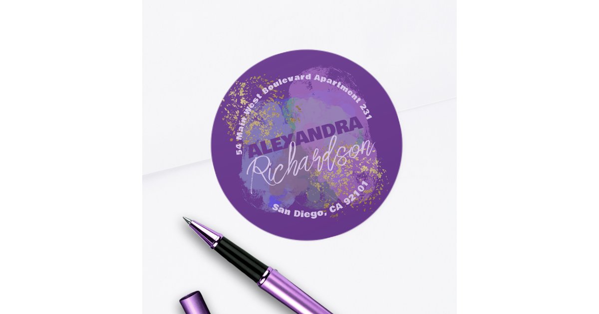 Purple Gold Artistic Round Return Address Label | Zazzle