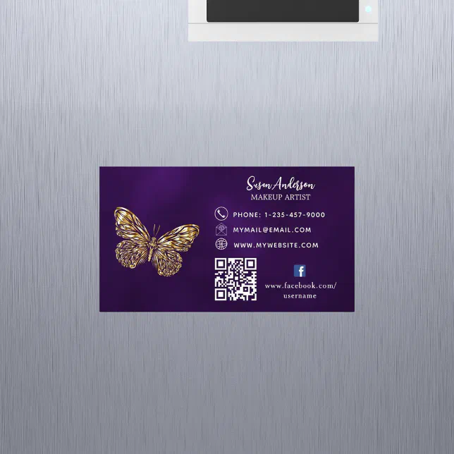 Purple gold butterfly QR code Facebook Magnetic Business Card | Zazzle
