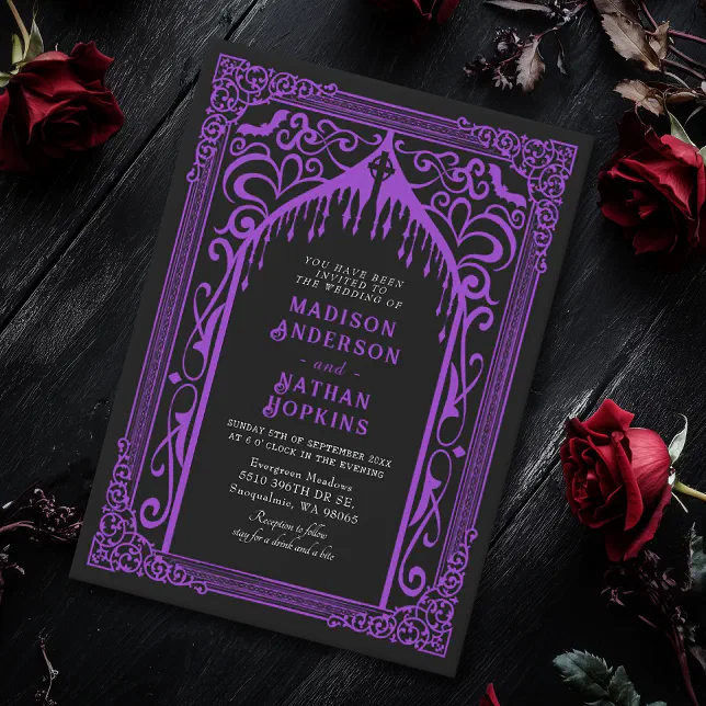 Purple Gothic Vampire Cathedral Wedding Invitation | Zazzle