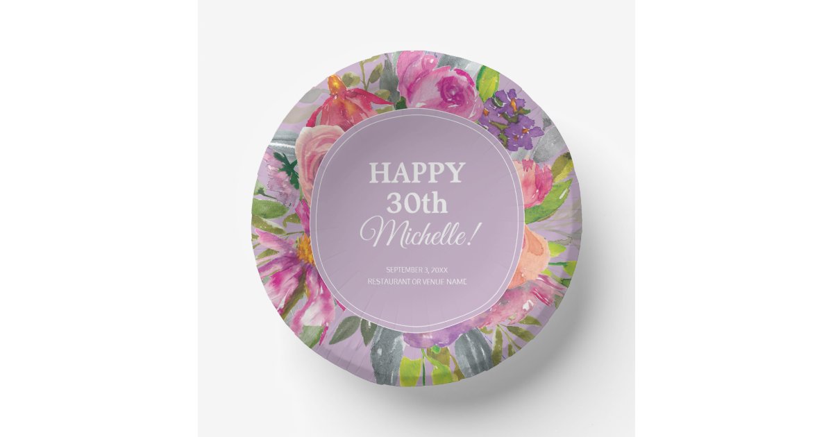 Purple Pink Watercolor Wildflower 30th Birthday Paper Plate | Zazzle