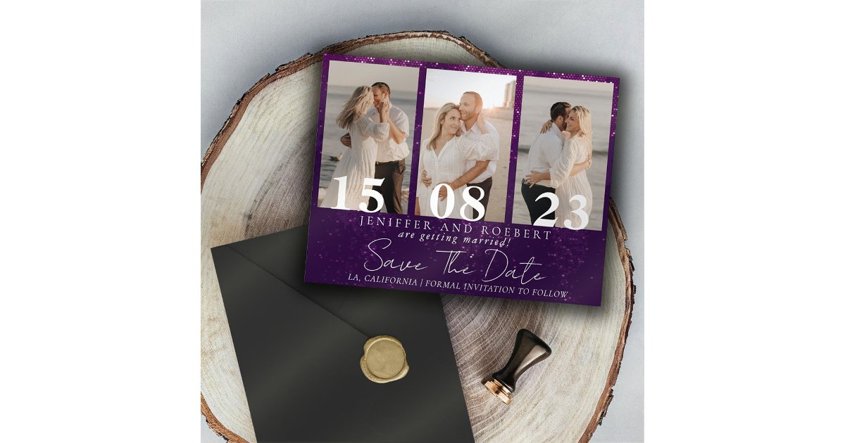 Purple Sparkly Photo Collage Save the Date Card | Zazzle
