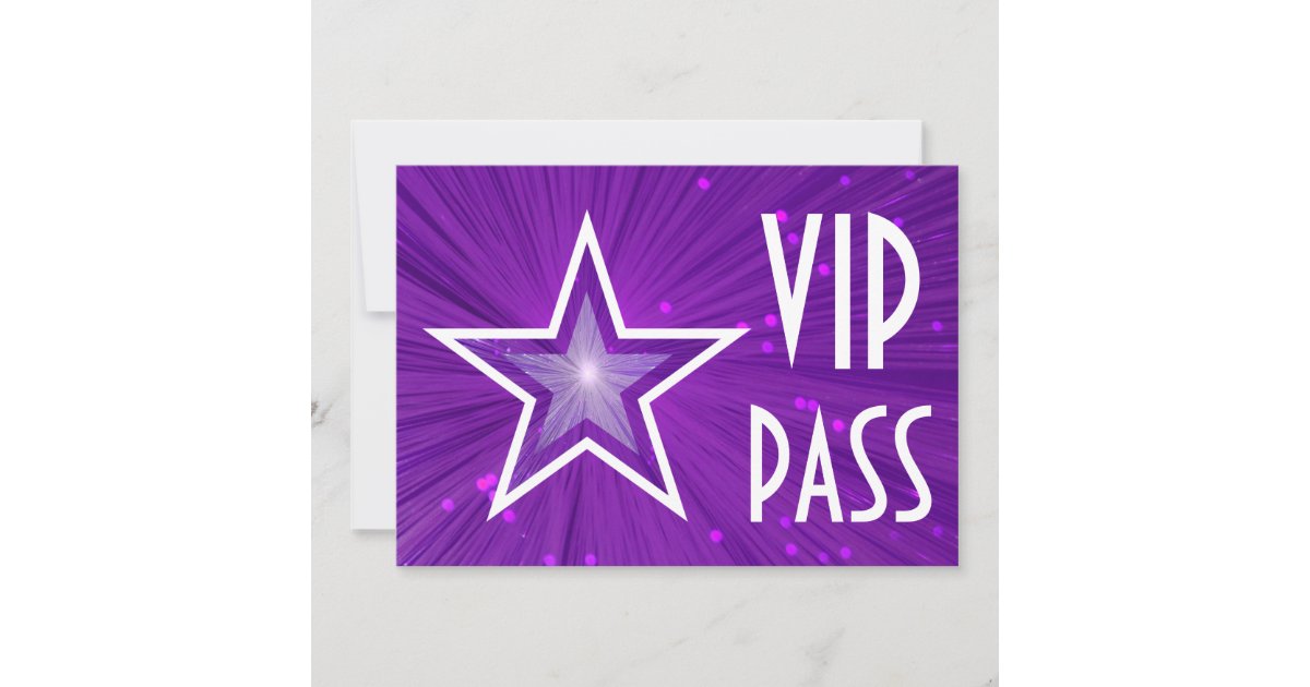 Purple Star 'VIP PASS' horizontal white back Invitation | Zazzle