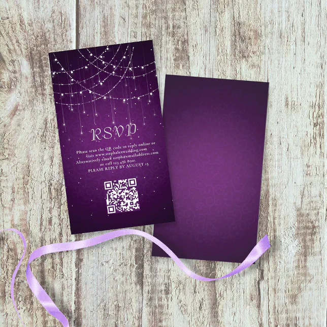 Purple String Lights QR Code Wedding RSVP Enclosure Card | Zazzle