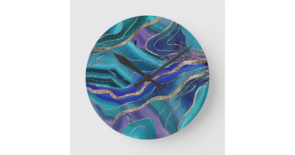 Purple Teal Blue Galaxy Nebula Agate Glitter #1 Round Clock | Zazzle