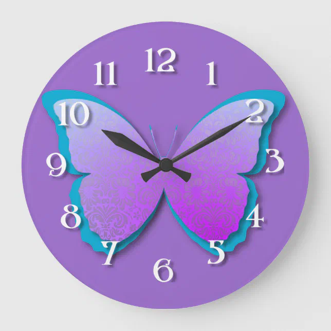 Purple & Teal Damask Butterfly Large Clock | Zazzle