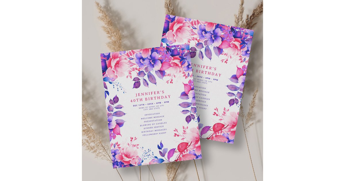 Purple Watercolor Floral 40th Birthday Program Invitation | Zazzle