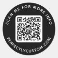 QR code and custom text round black Classic Round Sticker | Zazzle