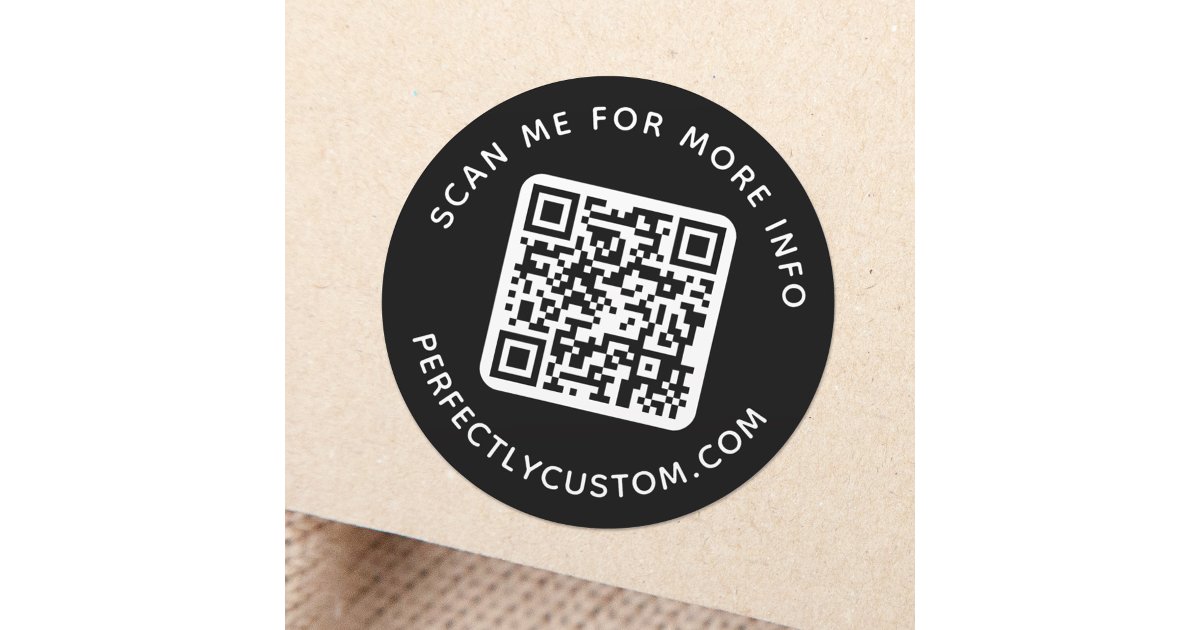 QR code and custom text round black Classic Round Sticker | Zazzle