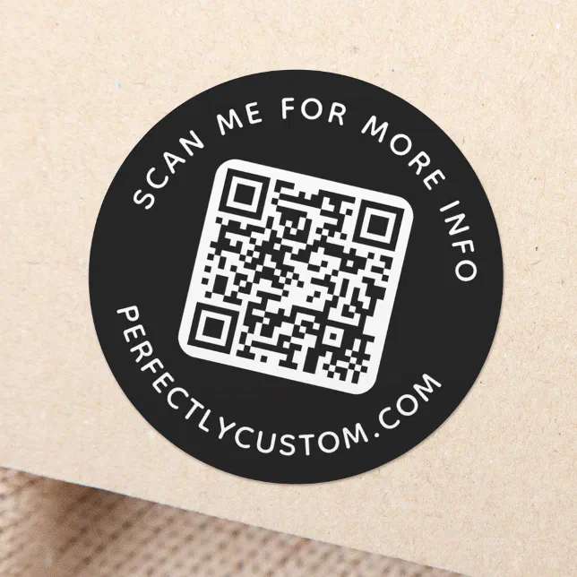QR code and custom text round black Classic Round Sticker | Zazzle