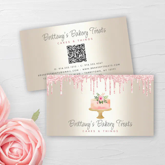 QR Code Bakery Blush Pink Cake Glitter Drips Gold Business Card | Zazzle