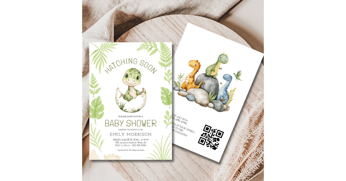 QR Code Cute Dinosaur Hatching Soon Baby Shower Invitation | Zazzle